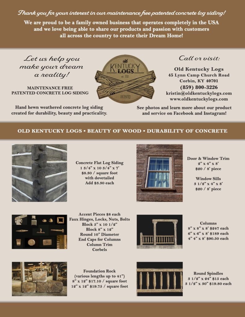 viewpricelist – Old Kentucky Logs – Concrete Log Siding