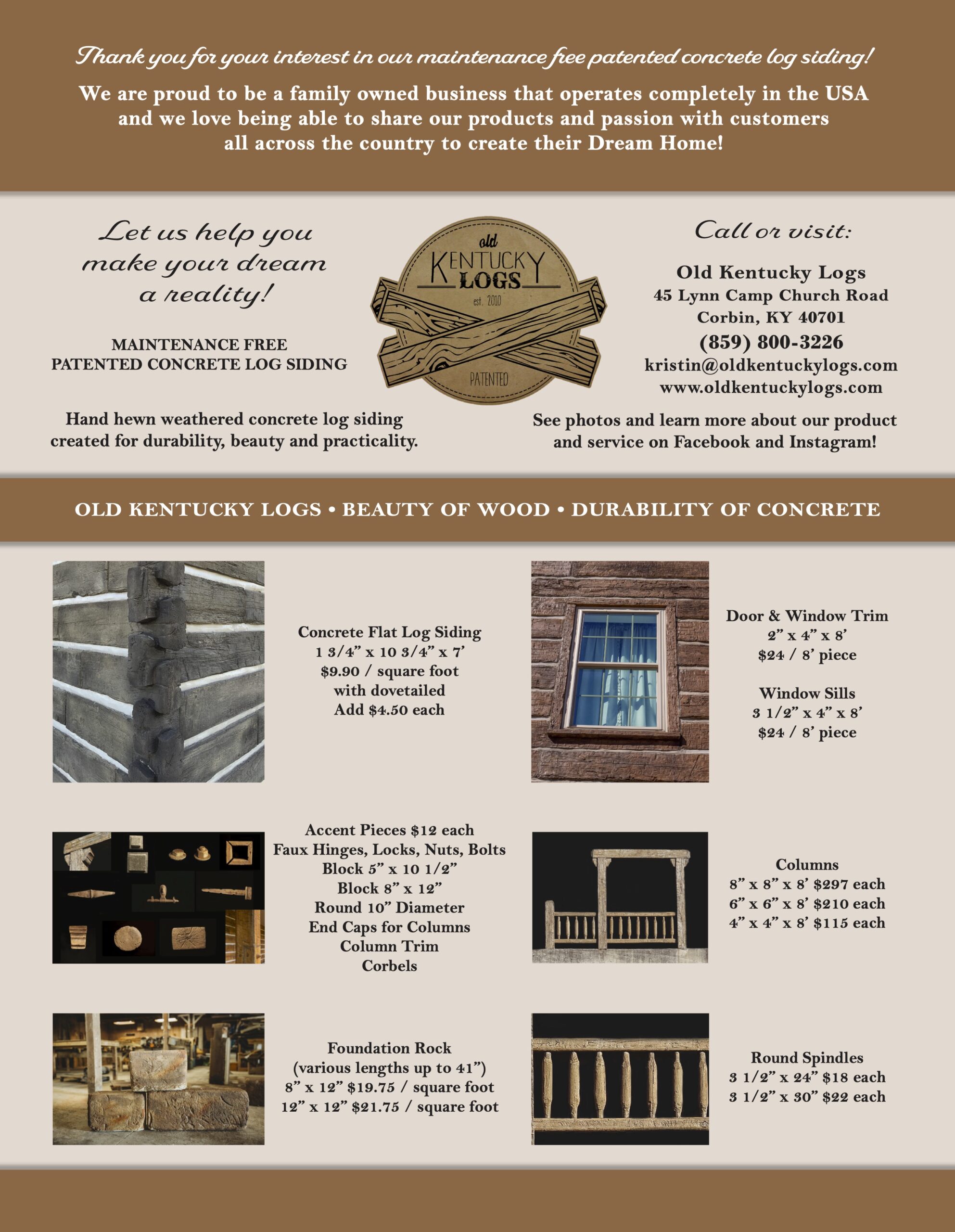 viewpricelist – Old Kentucky Logs – Concrete Log Siding